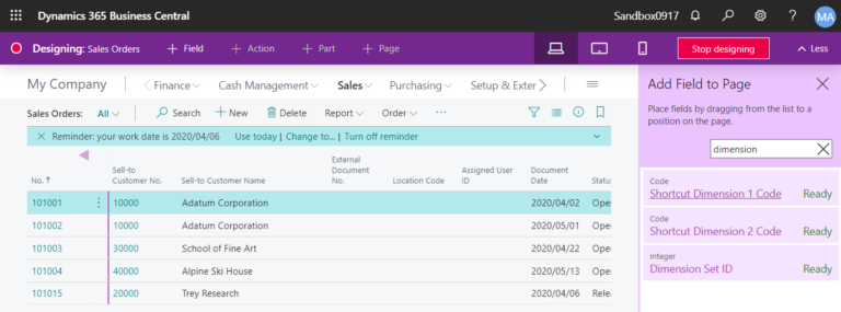 How to add Shortcut Dimensions on the page in Dynamics 365 Business ...