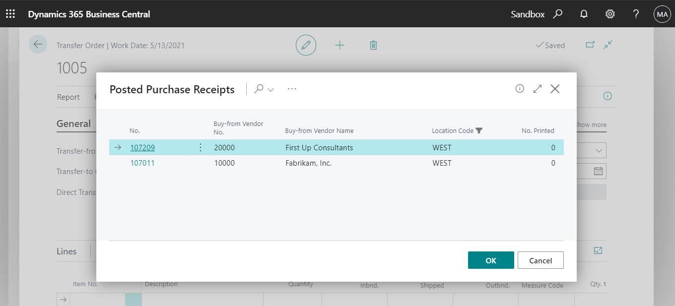 Dynamics 365 Business Central: Using Get Receipt Lines on the Transfer ...