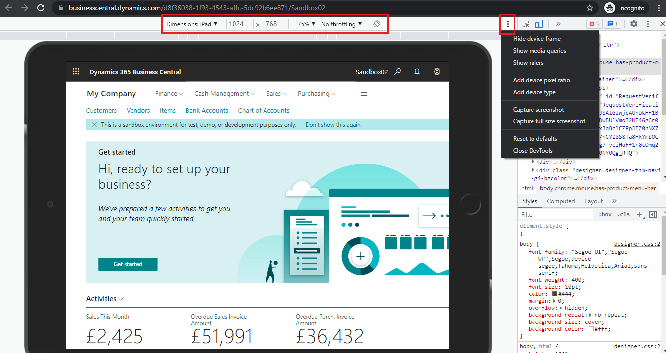 How to simulate Mobile Devices to open Dynamics 365 Business Central ...
