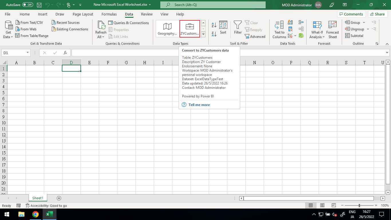 Set Business Central data to show in Excel Organization Data Types ...