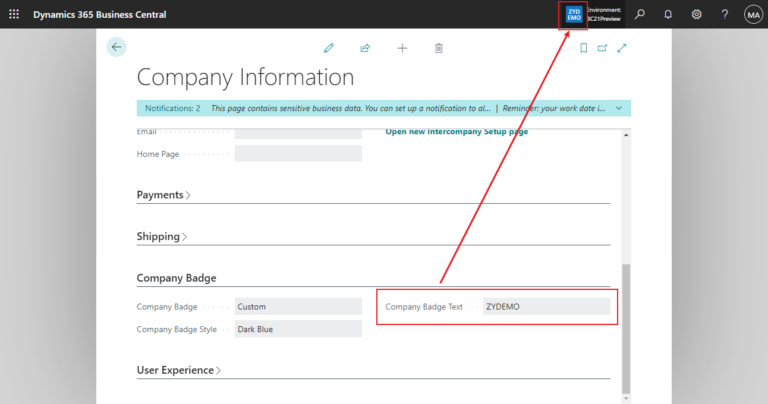 Business Central 2022 wave 2 (BC21) new features: New Company Badge ...