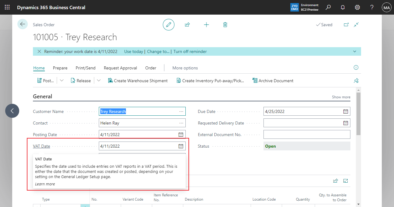 Business Central 2022 wave 2 (BC21) new features: New VAT Date field on ...