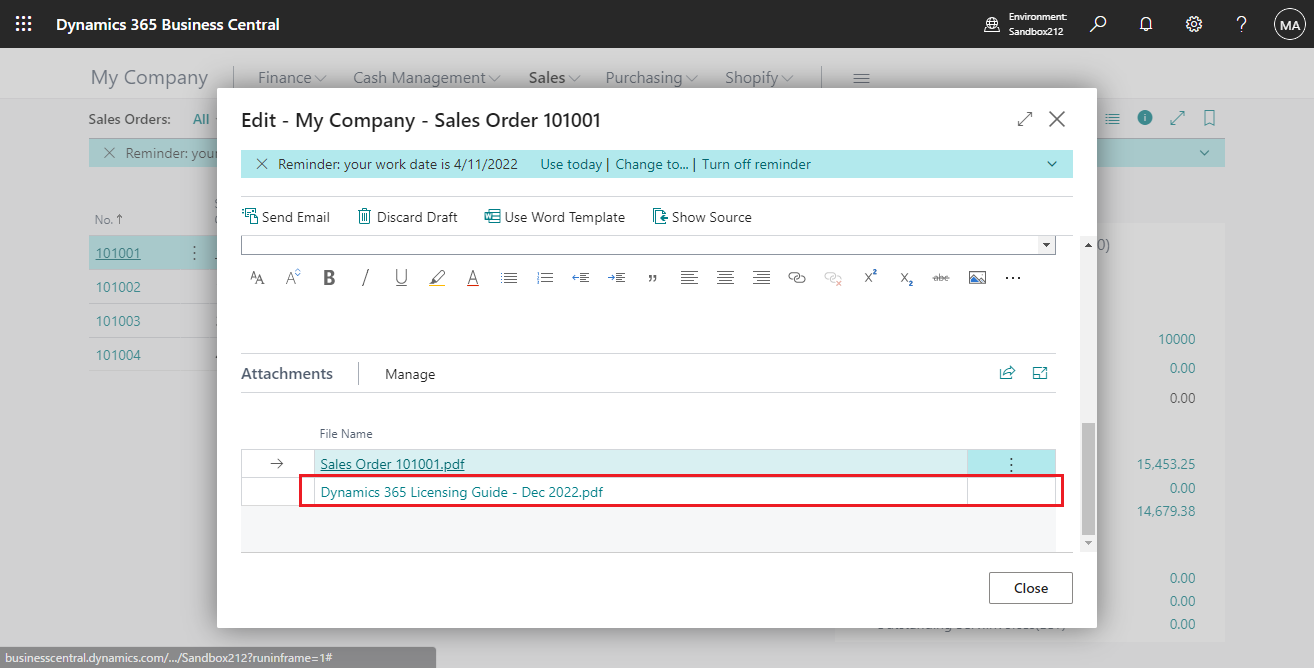 Use default attachments in email sent from Dynamics 365 Business ...