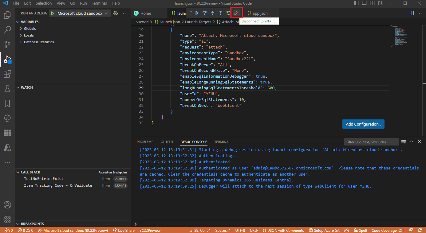 Business Central 2023 wave 1 (BC22): Attach AL debugger to active session or next session ...