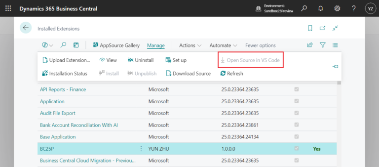 Business Central 2024 wave 2 (BC25): Pull extension source from GitHub when opening Visual ...