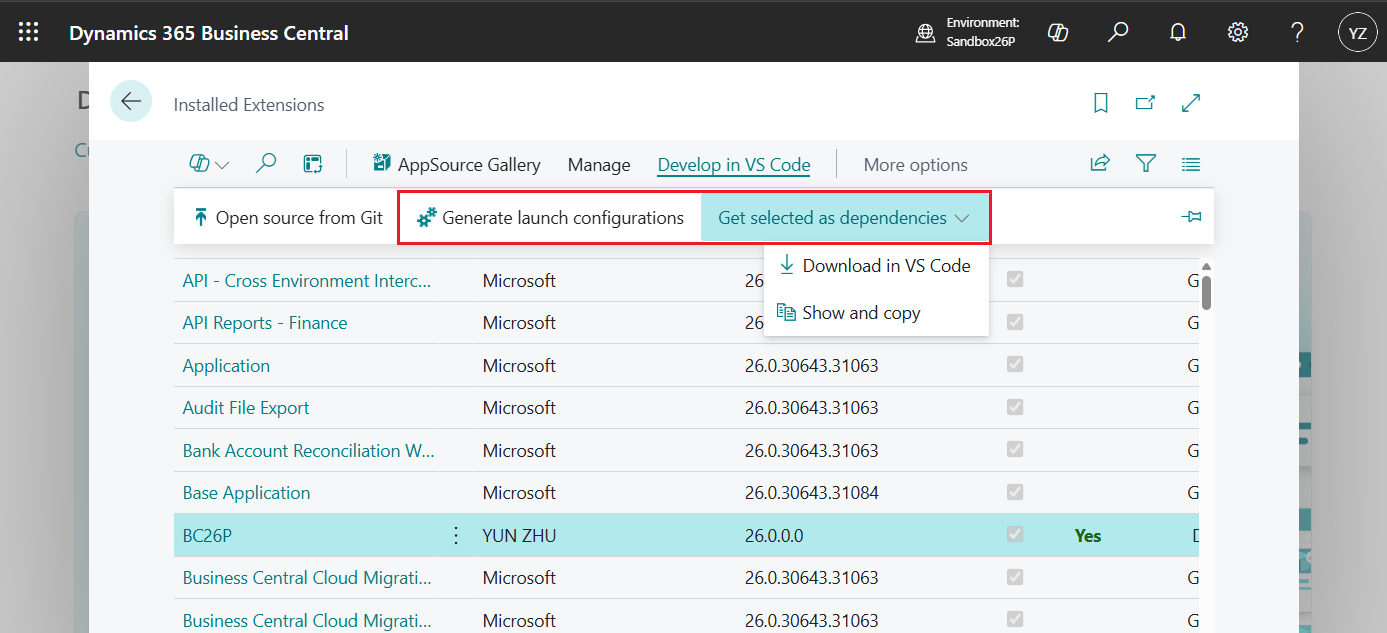 Business Central 2025 wave 1 (BC26): New VS Code actions from the Web Client (Generate launch ...