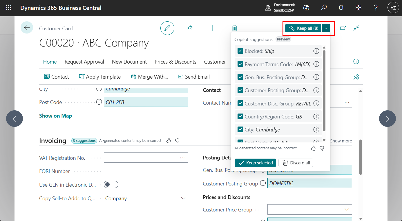 Business Central 2025 wave 1 (BC26): Autofill fields with Copilot (New ...