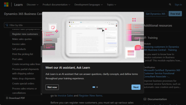 Dynamics 365 Business Central: Using Ask Learn (AI assistant) on Microsoft Learn (Technical ...
