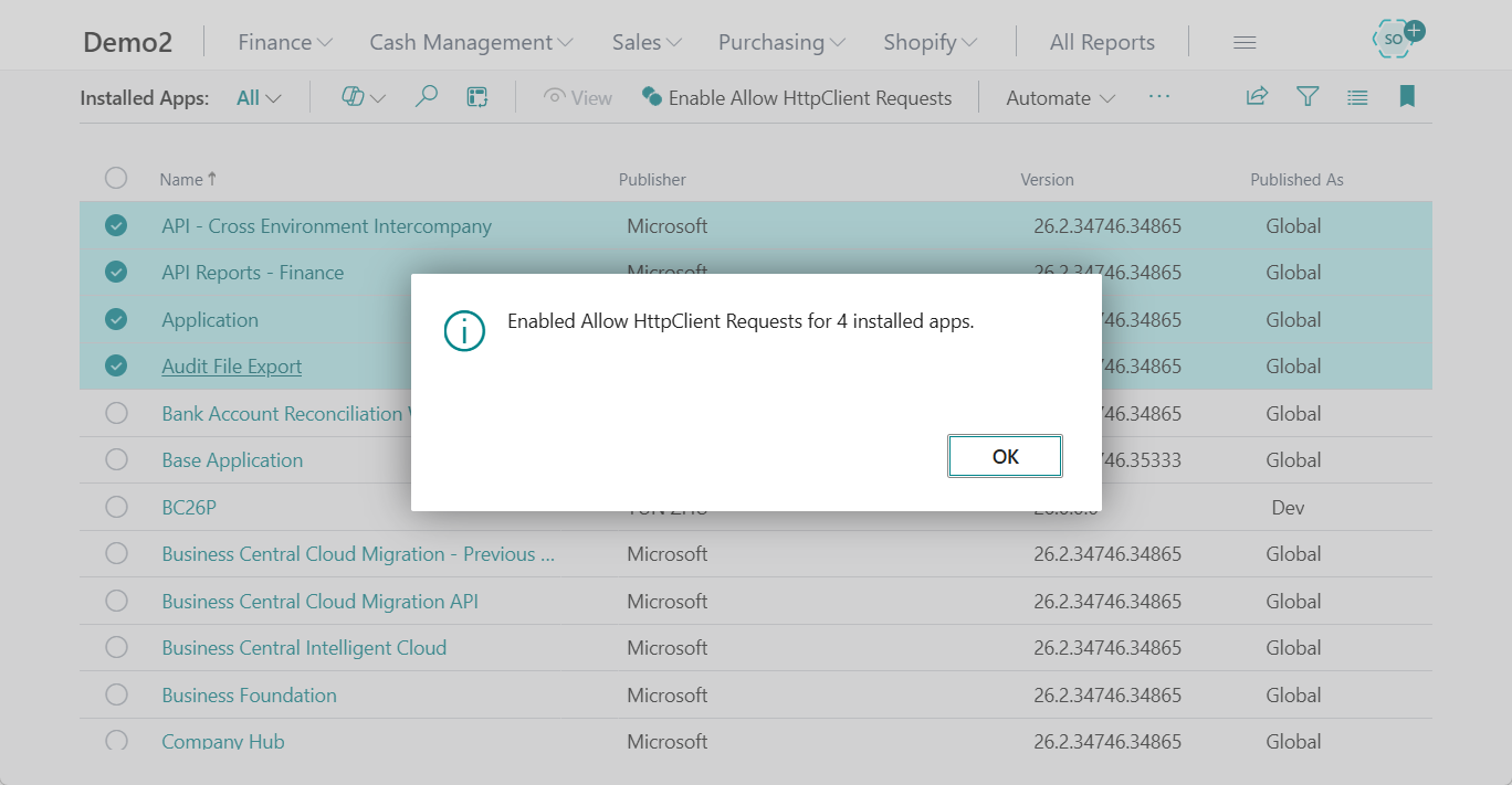 Dynamics 365 Business Central: How to set Allow HttpClient Requests for multiple extensions ...